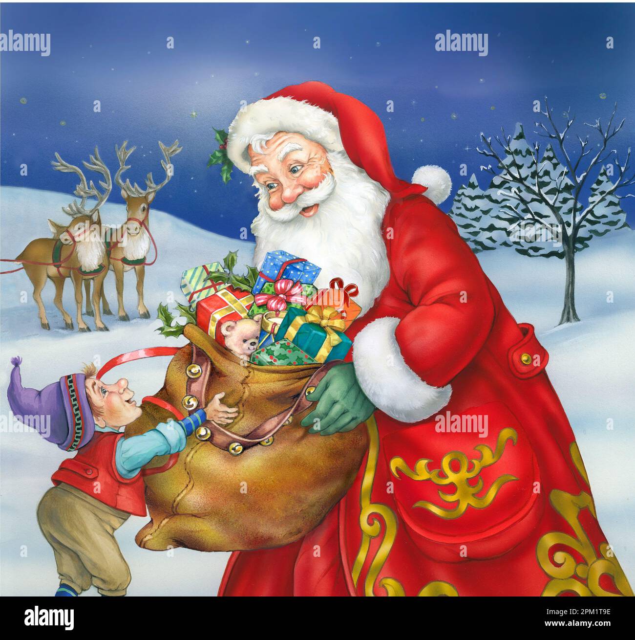 Christmas-Santa & elf holding a sack with presents in snow scene Stock ...