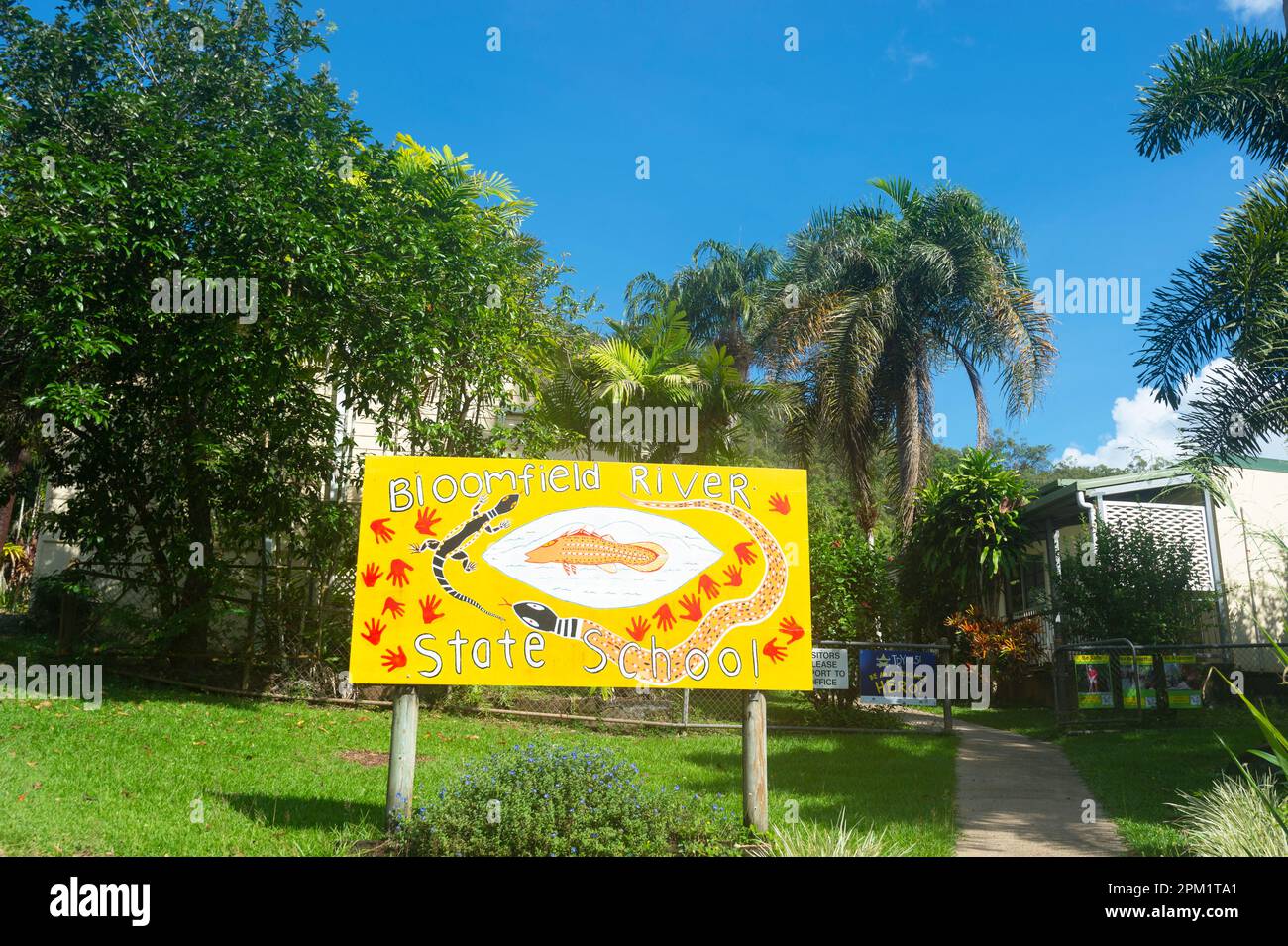 Sign for the Bloomfield River State School in the Aboriginal community ...