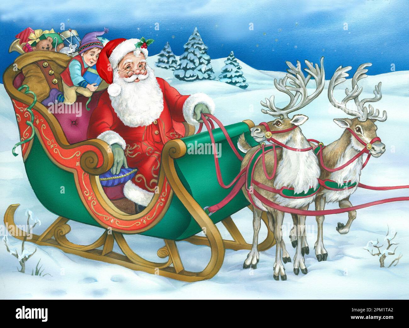 Christmas-Santa in sleigh with reindeers & elf in snow scene Stock ...