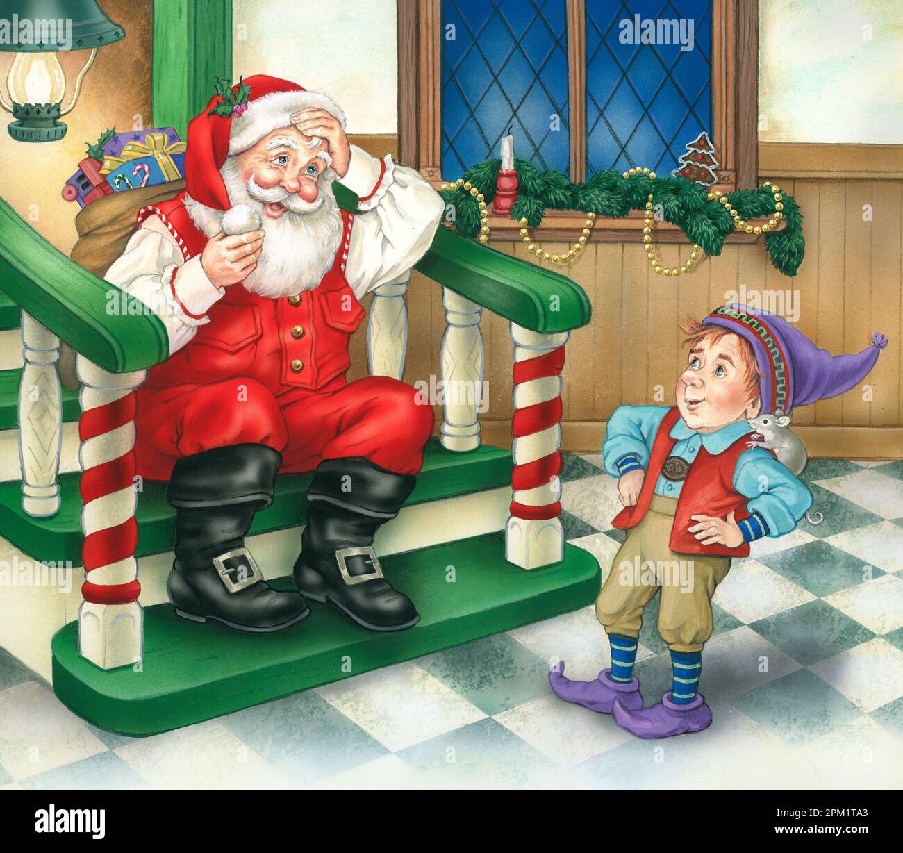 Christmas-Santa Sitting on staircase adjusting his hat with Elf looking ...