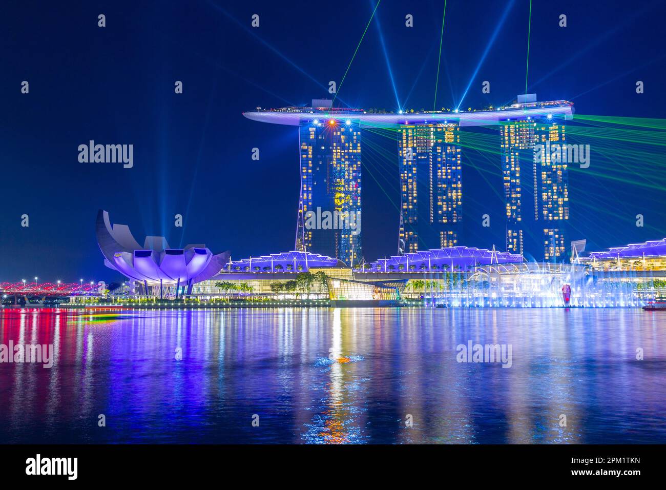 A night view of the 'Spectra Light and Water Show' at Marina Bay Sands Hotel in Singapore, seen ...