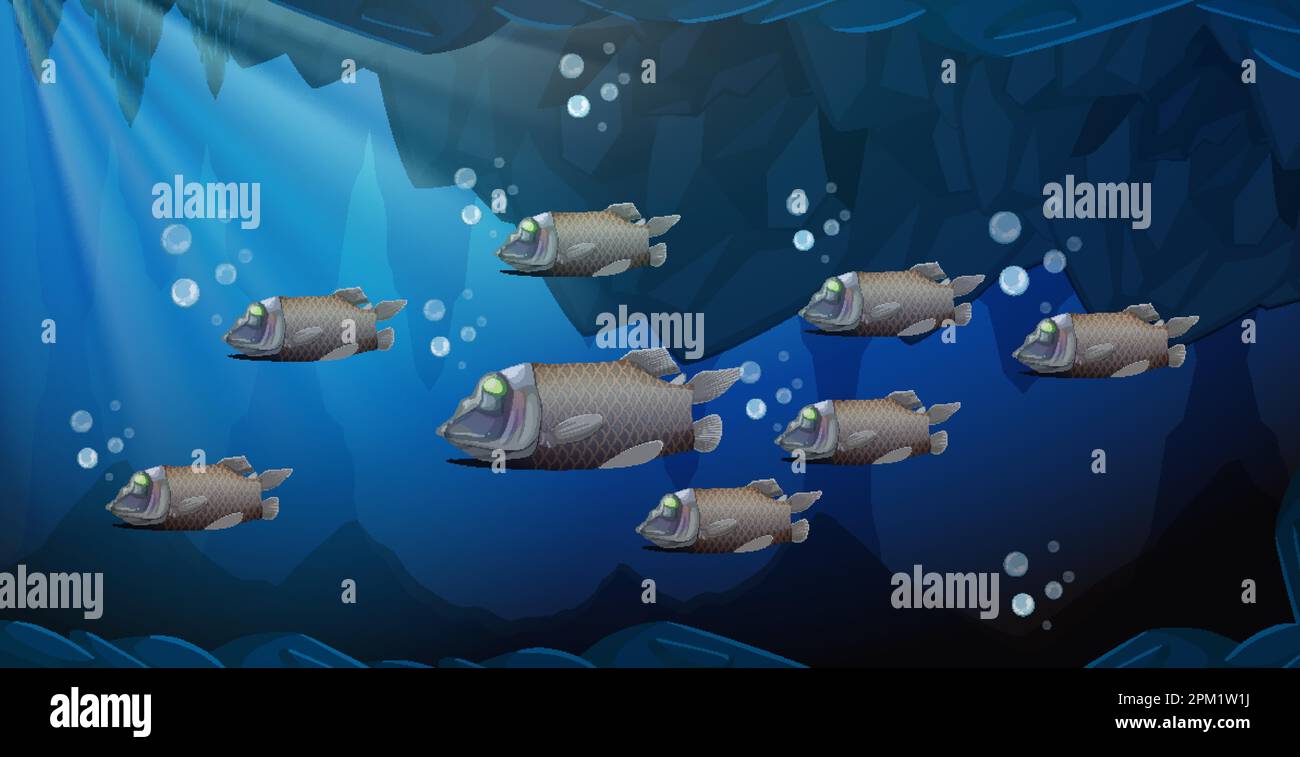 Barreleye Fish Swim Together in the Deep Sea illustration Stock Vector ...