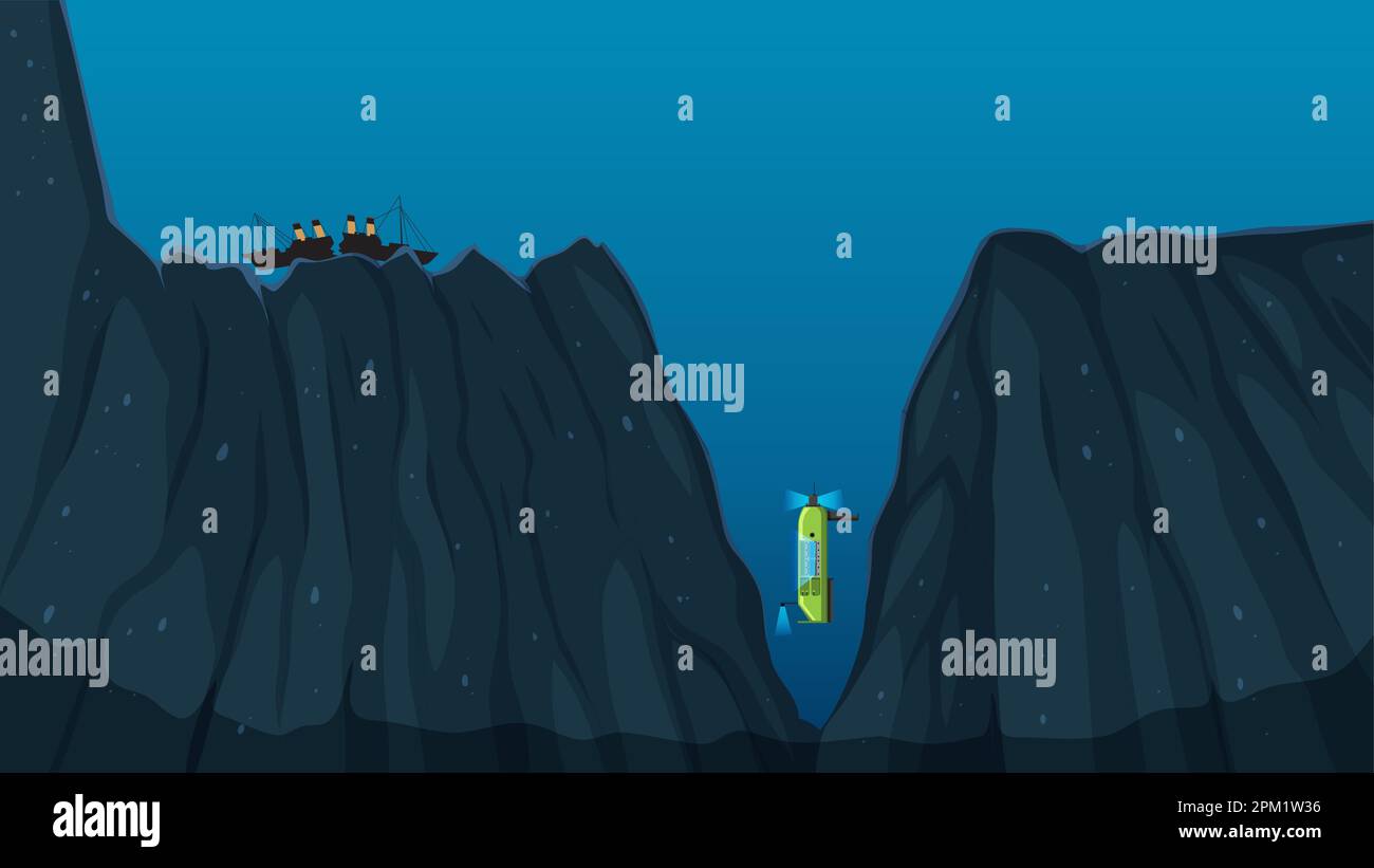 Submarine descending into mariana trench underwater illustration Stock ...