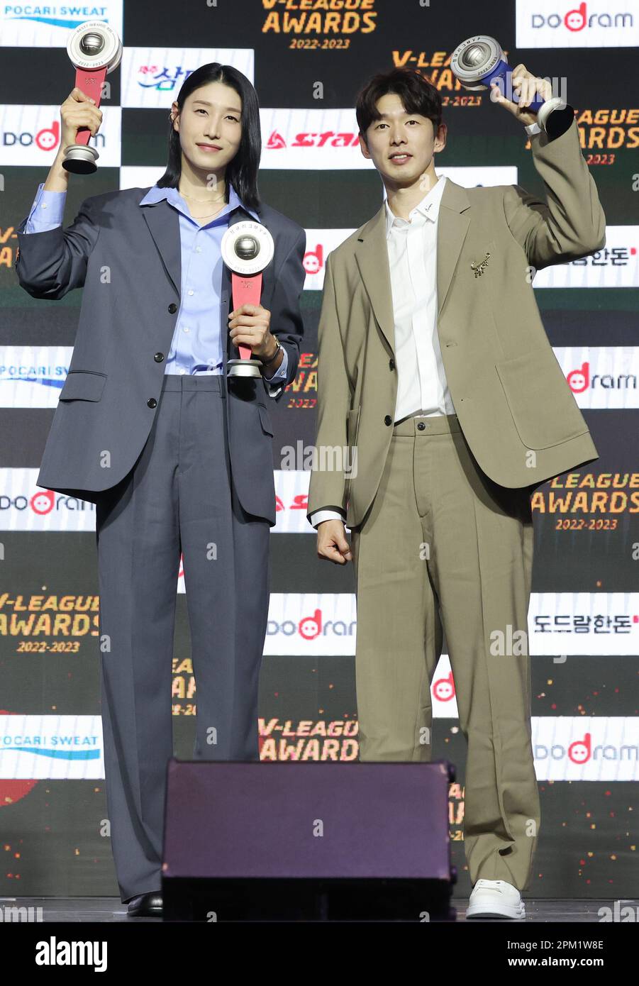 11th Apr, 2023. Pro volleyball MVPs Kim Yeon-koung of the Heungkuk Life ...