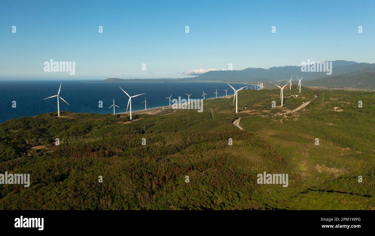 Aerial view of Wind generators turbines and wind farm mills. Wind power ...