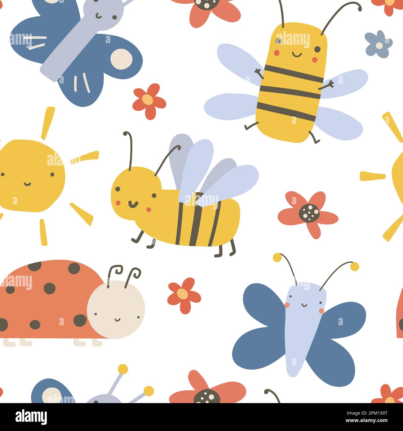 Colorful seamless pattern with funny bees, butterflies and clouds ...