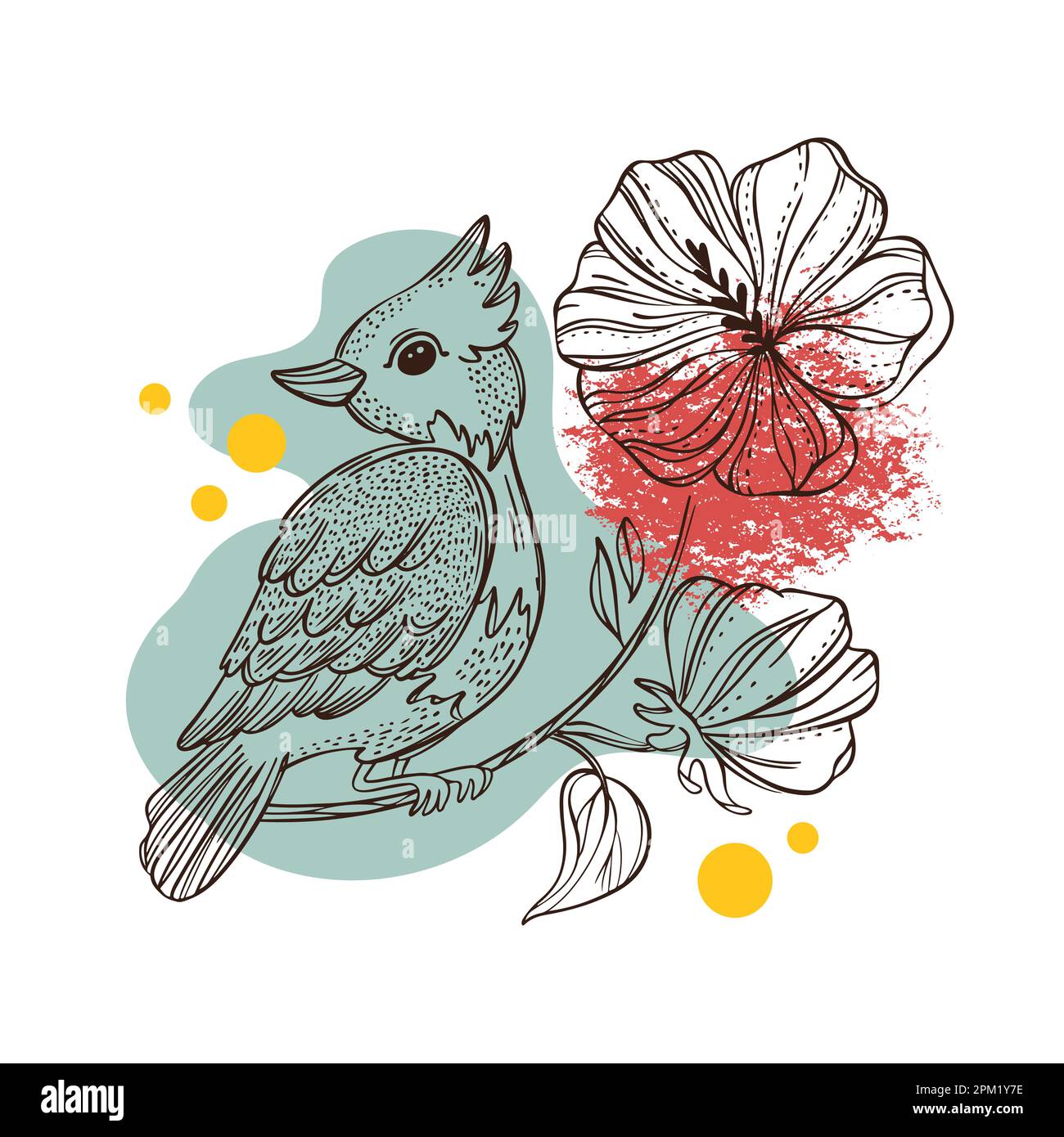 LARK ON FLOWER Hibiscus Collage Sketched Bird Poster Design With ...