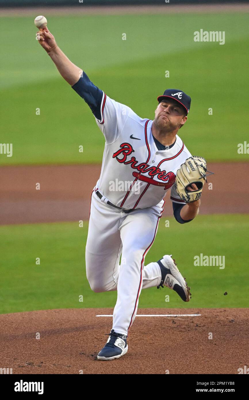 ATLANTA, GA - APRIL 10: Atlanta Braves starting pitcher Bryce Elder (55) in the first inning of ...