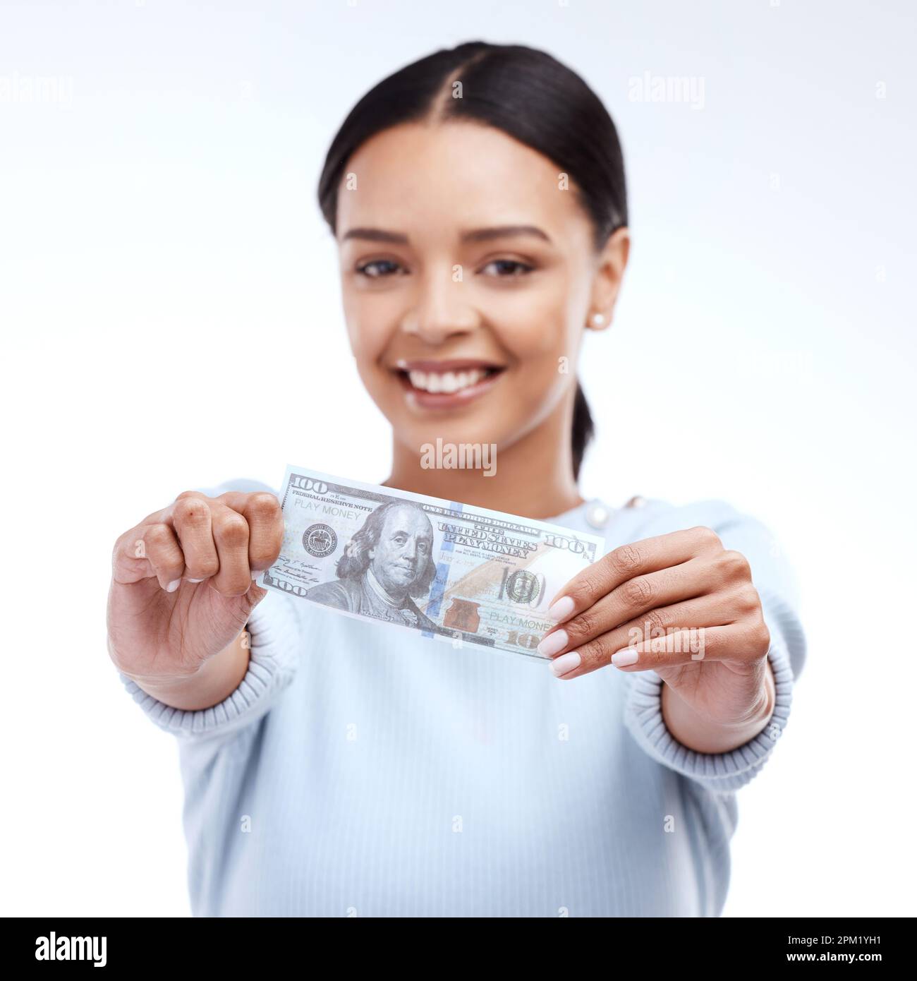 Woman, hands and portrait smile with money, cash or dollar isolated ...