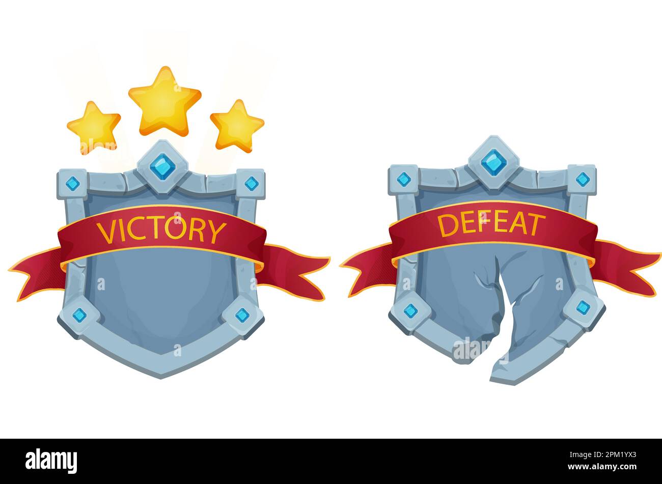 Set Stone shields, frame with gemstones, award ribbon, golden stars game victory and defeat ...