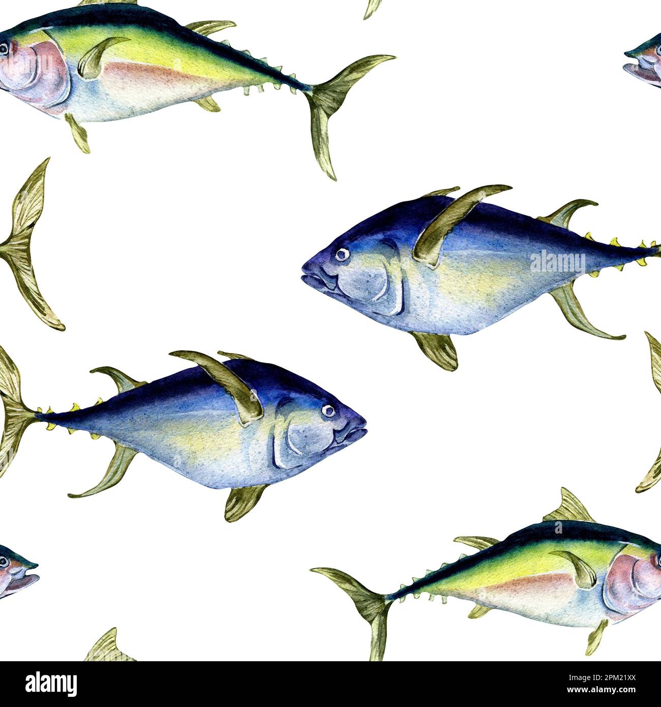 Various wild sea fish seamless pattern watercolor illustration isolated ...