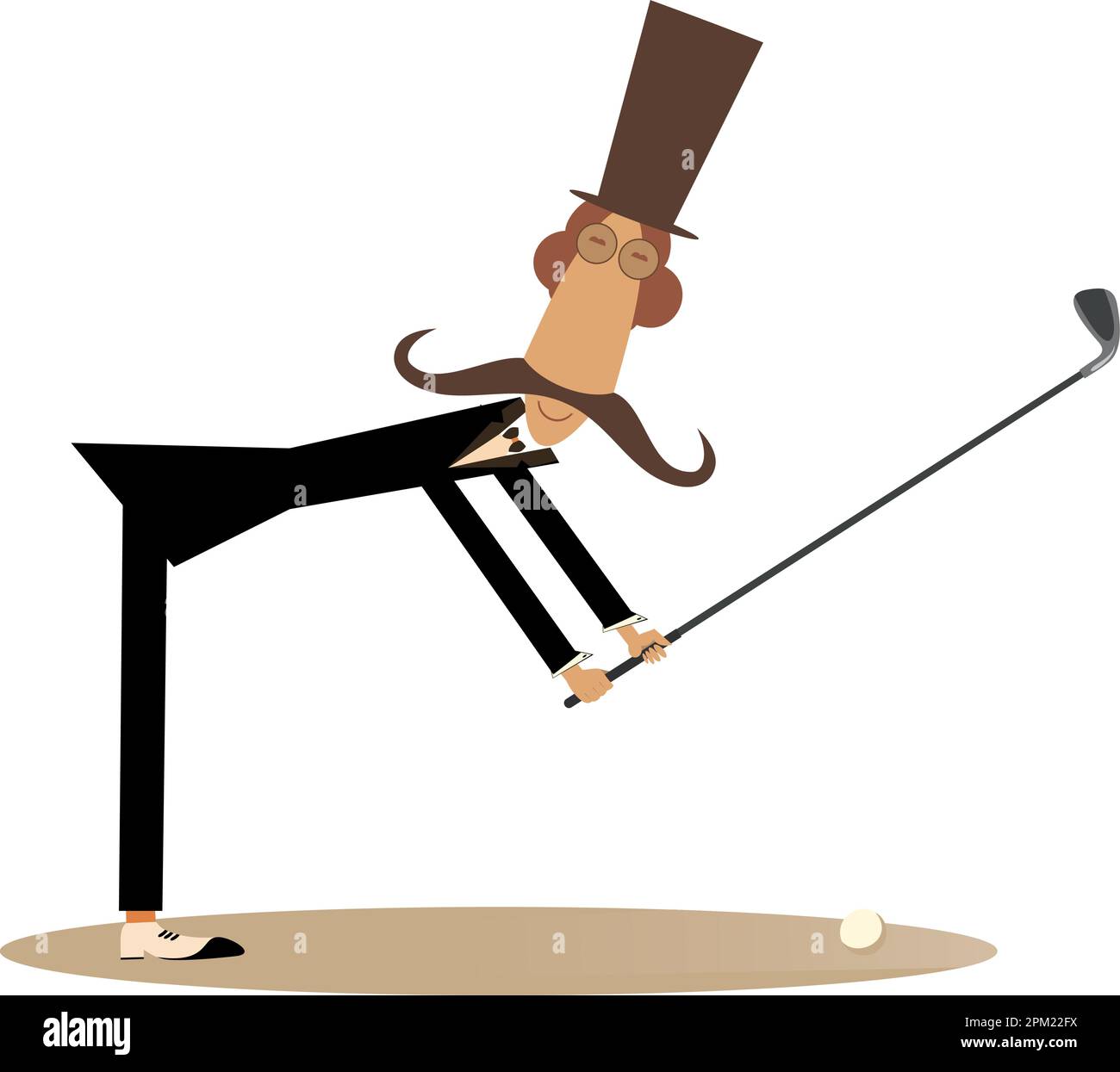 Cartoon long mustache gentleman in the top hat holds a golf club and ...