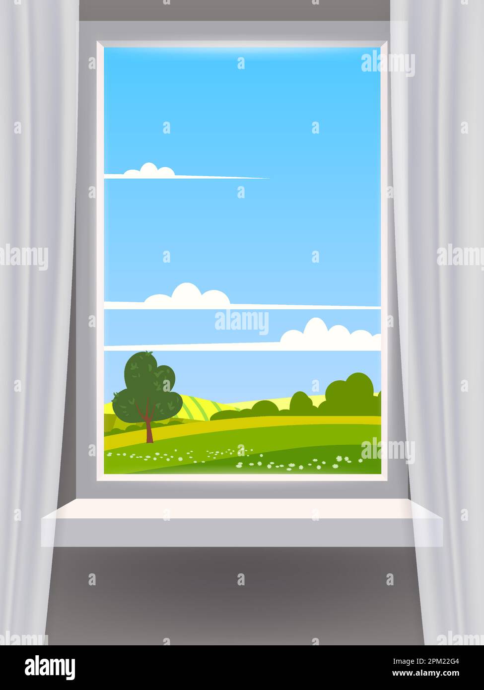 Window view interior, farm, rural summer landscape, country nature ...