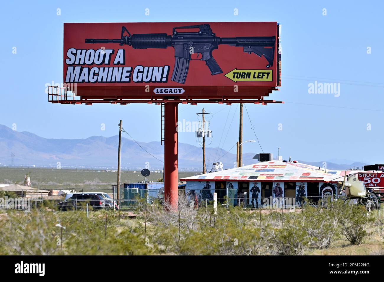 White Hills, Arizona, USA. 10th Apr, 2023. A roadside billboard ...