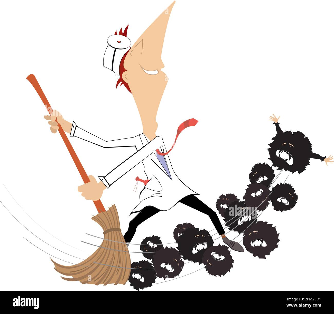 Cartoon doctor with a big broom sweeps out viruses illustration ...