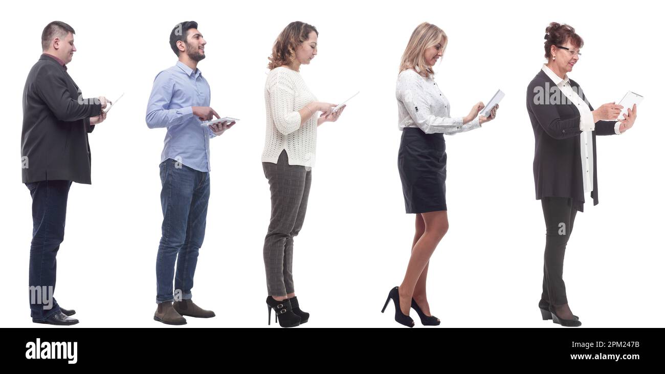 group of people holding tablet and looking ahead Stock Photo - Alamy