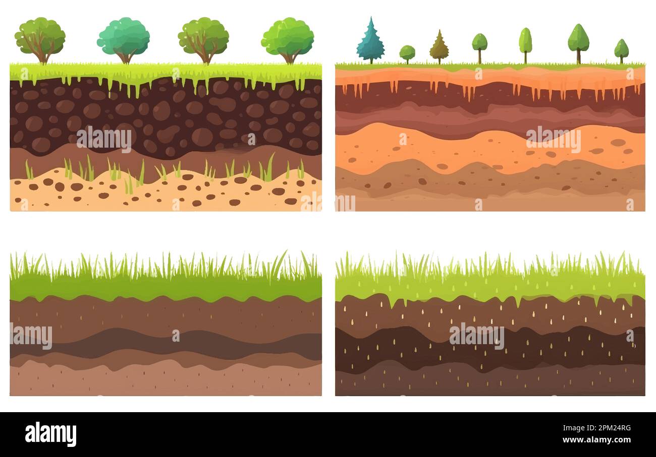 set vector illustration of soil layers green grass, ground isolate on ...