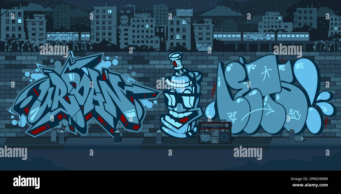 Outdoor Urban Graffiti Wall With Drawings At Night Against The ...