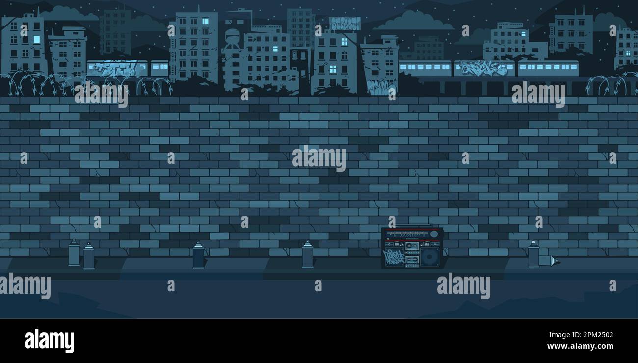 Dark Empty Night Brick Wall With Background Of The Cityscape Vector ...