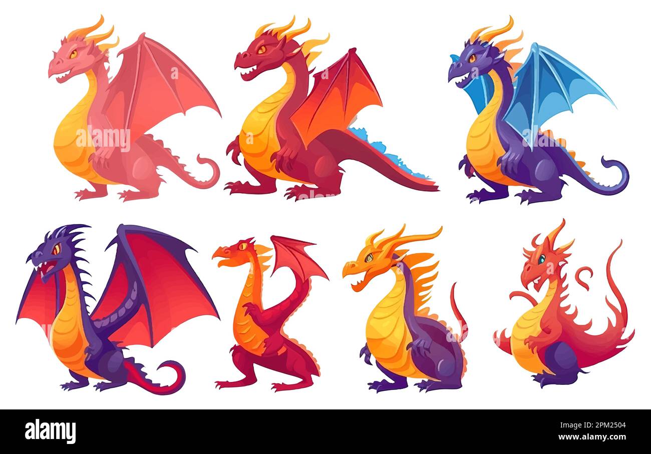 set vector illustration of colorful magic cute dragons isolate on white ...