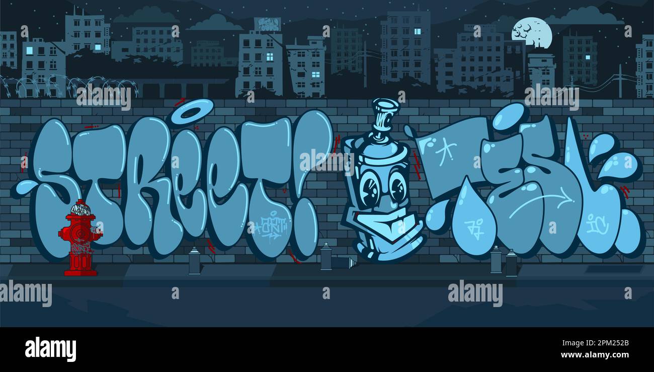 Dark Outdoor Urban Graffiti Wall With Drawings At Night Against The ...