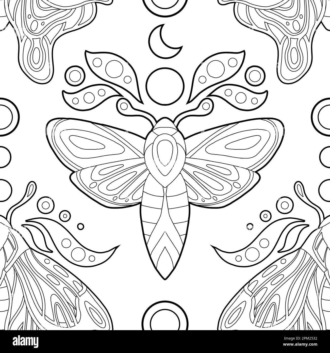Vector contour mystical seamless pattern with moths, leaves and moons on white background ...