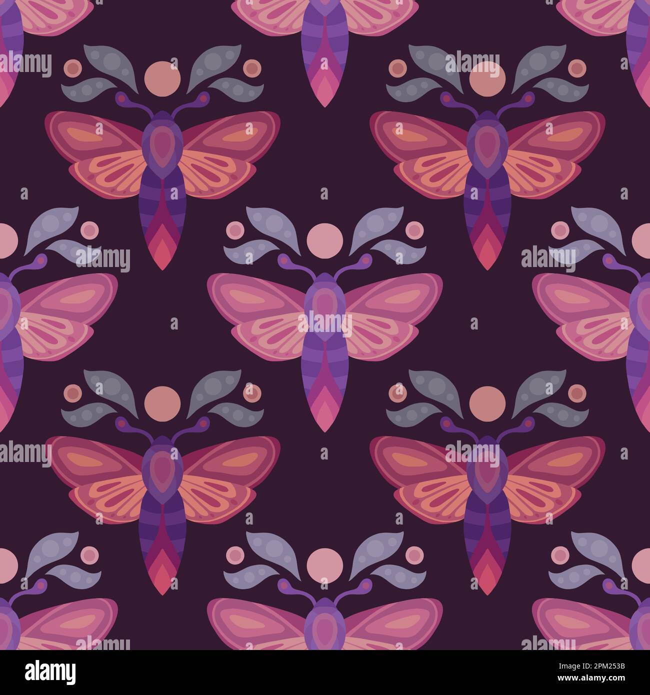 Vector neon sacred seamless pattern with moths and moons on dark violet background. Colorful ...