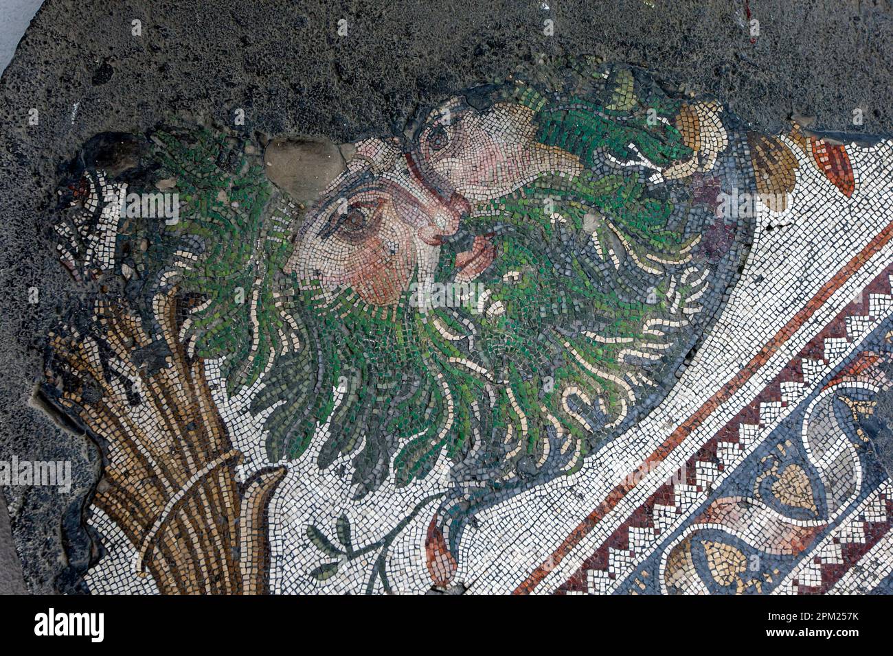 Byzantine 5th century mosaic titled Trees and masked head in an ...