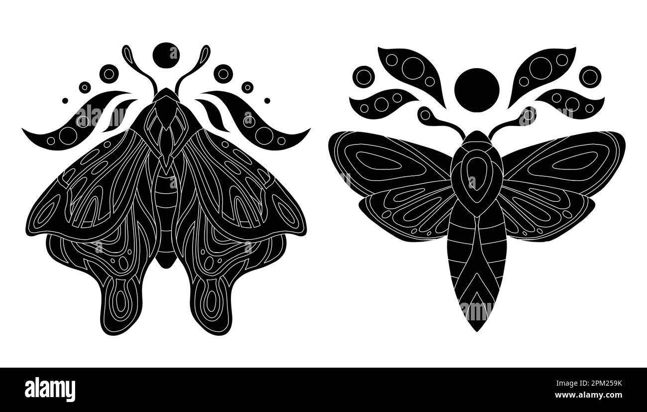 Vector set of black silhouette of sacred mothes with moons. Collection ...