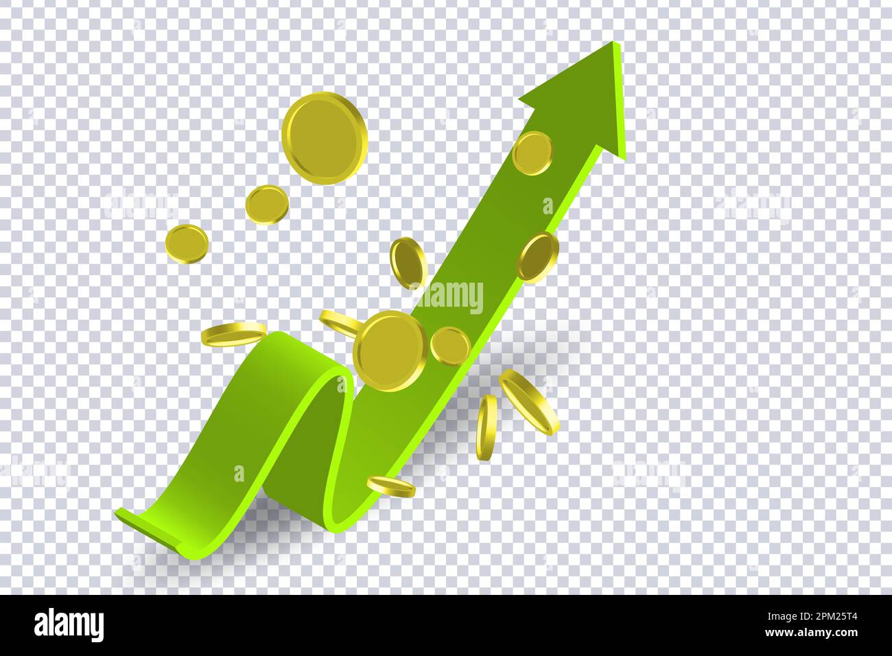 Curved arrow and flying coins on transparent. Green flexible stock ...