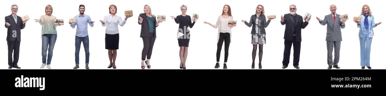 group of happy people with gifts in their hands isolated Stock Photo ...