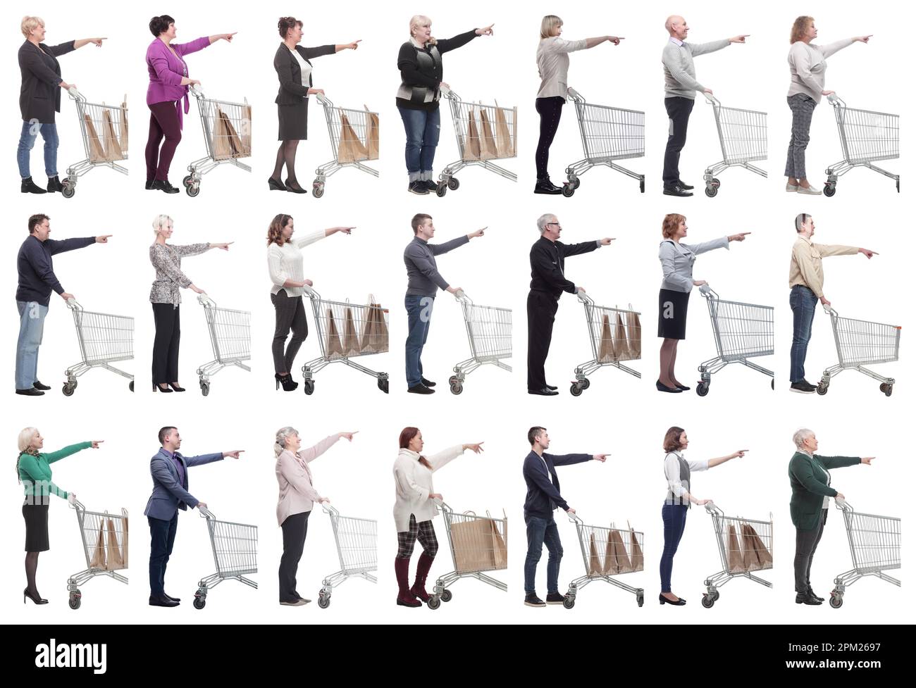 a group of people with a shopping cart point their fingers in front of ...