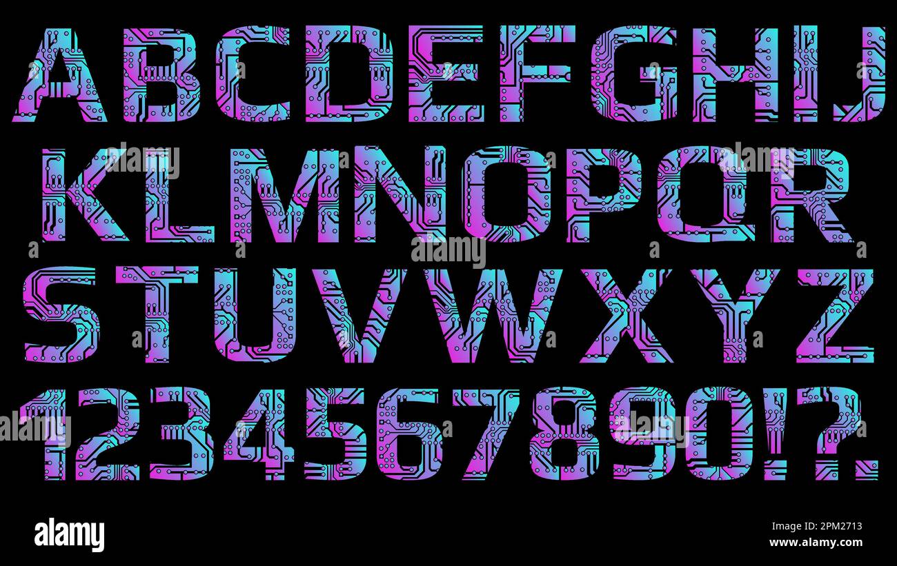 Set of futuristic latin alphabet perforated with PCB circuit board ...