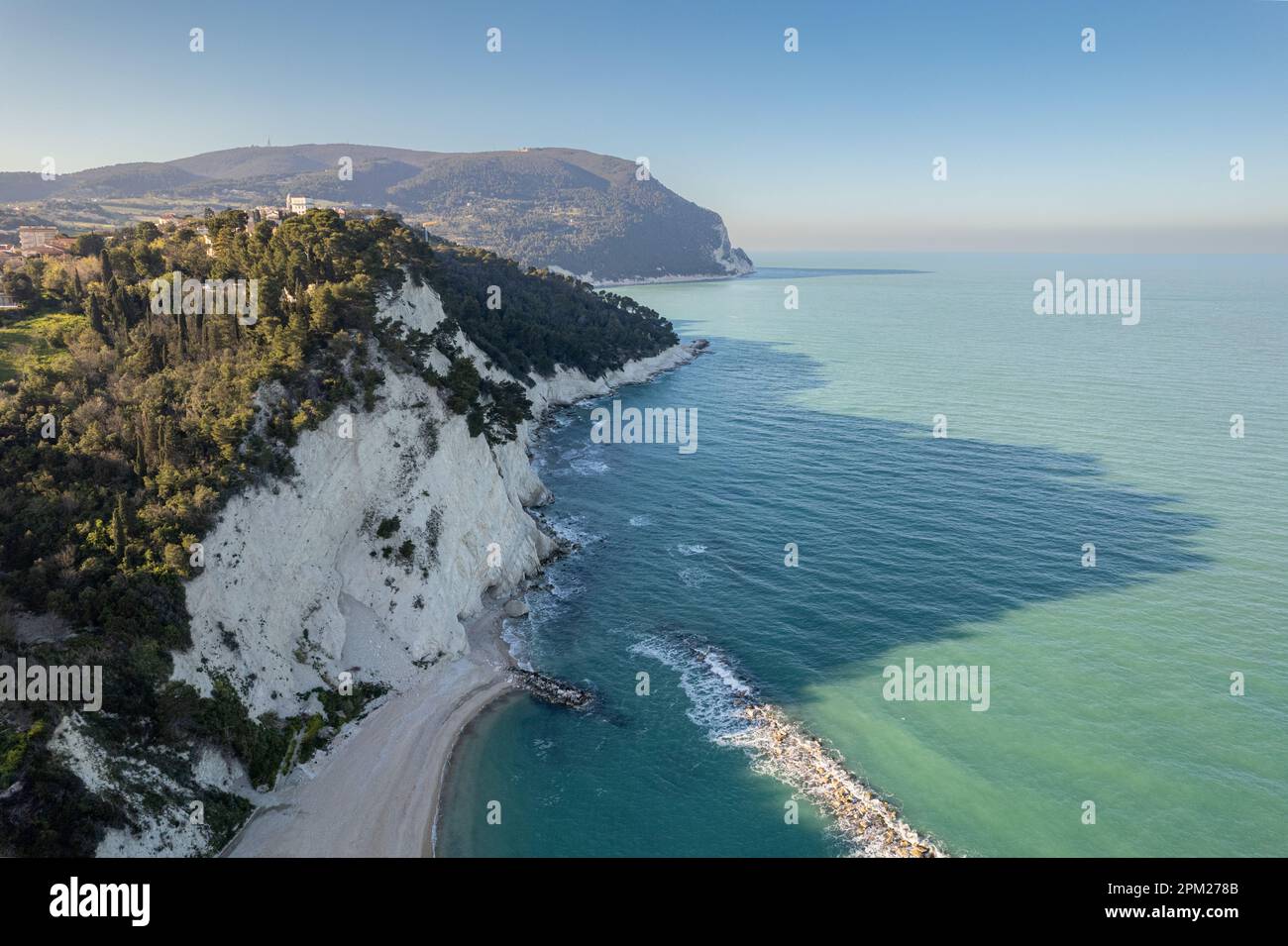 Aerial drone view of Numana town , Conero Mount, Adriatic Sea beach in ...