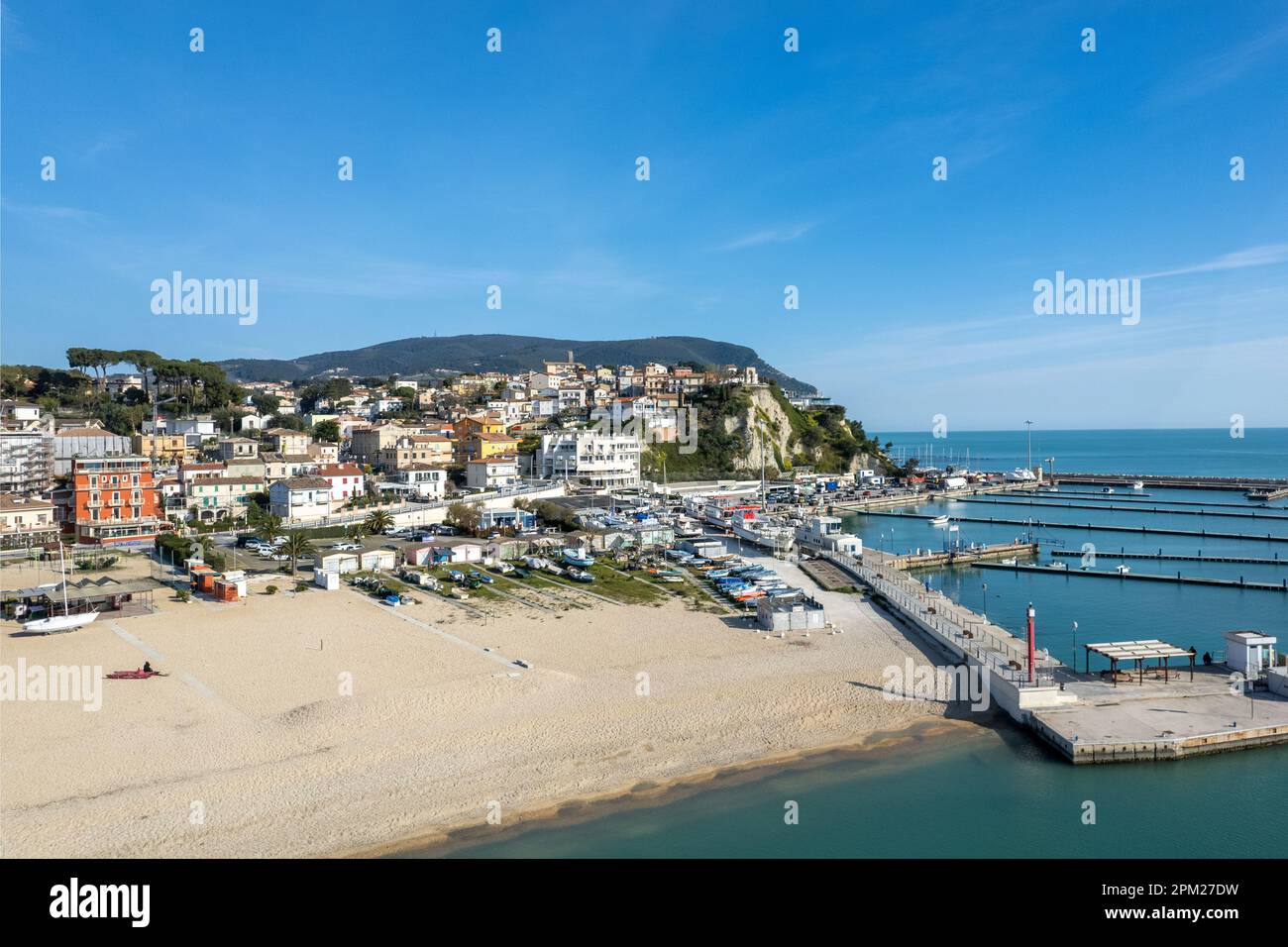 Aerial drone view of Numana town , Conero Mount, Adriatic Sea beach in Le Marche region, Italy ...