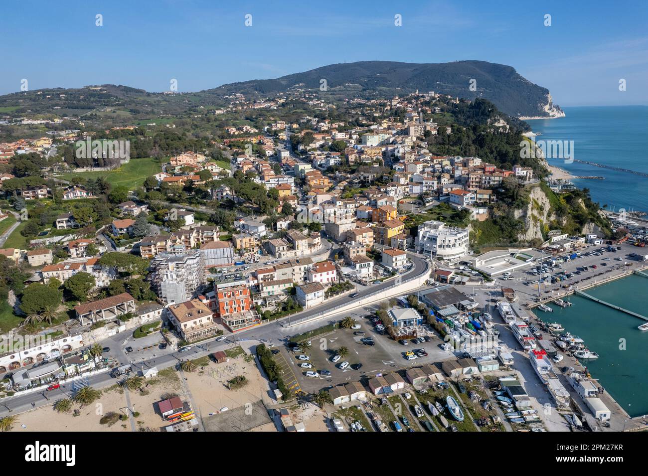 Aerial drone view of Numana town , Conero Mount, Adriatic Sea beach in ...
