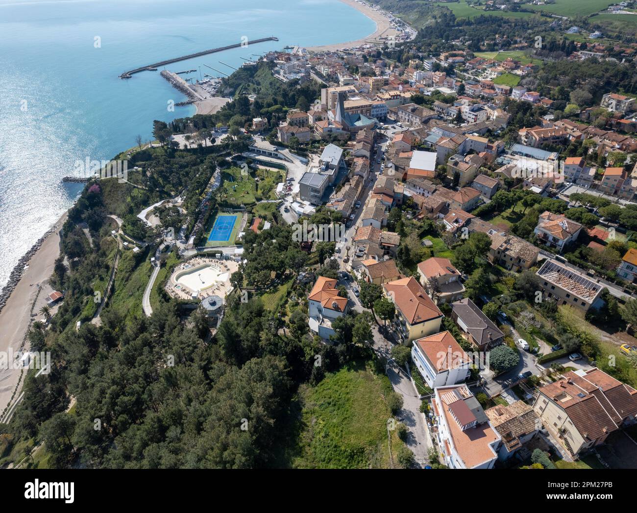 Aerial drone view of Numana town , Conero Mount, Adriatic Sea beach in ...