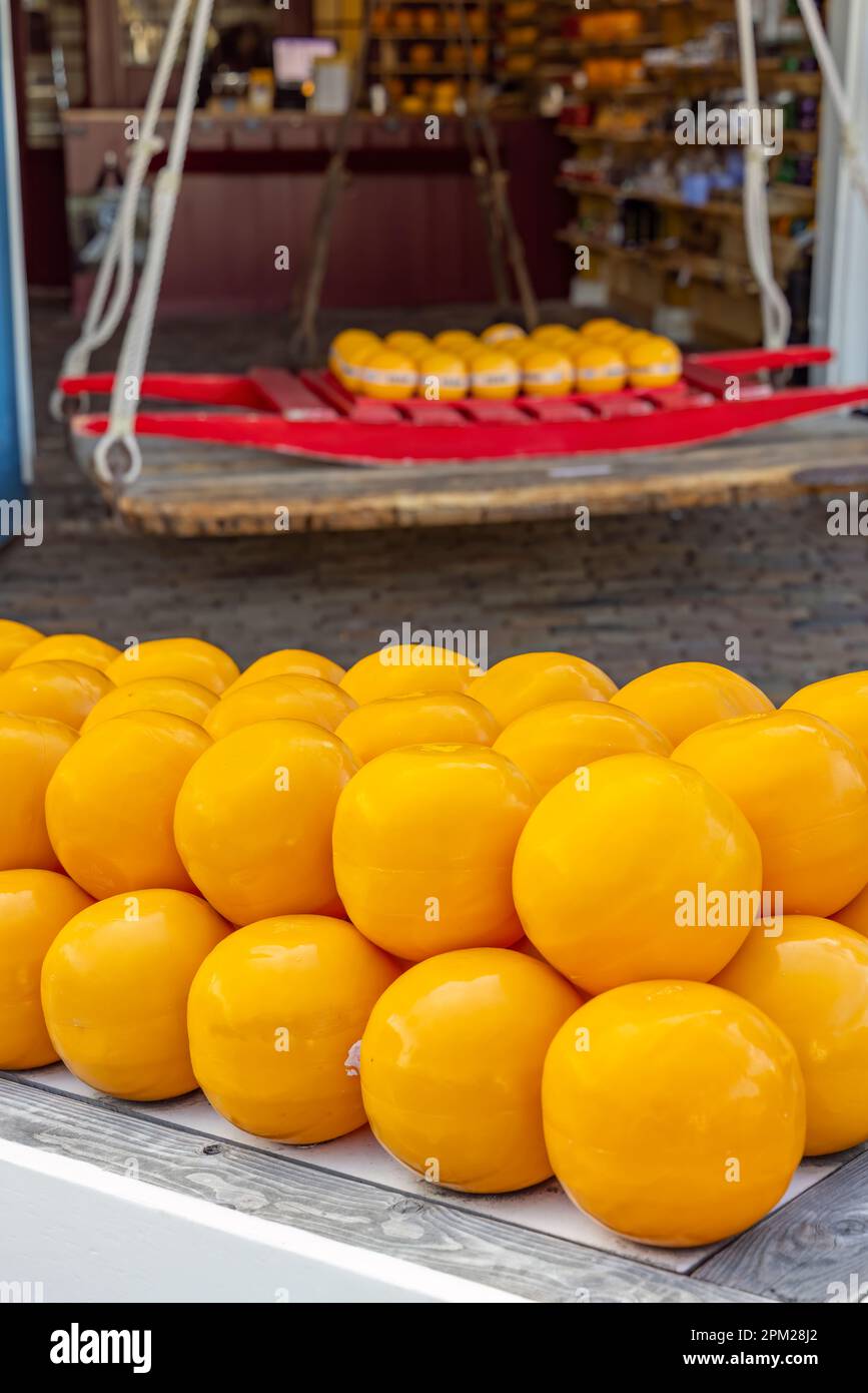 Detail of edam cheeses, town cheese market, Edam, North Holland ...