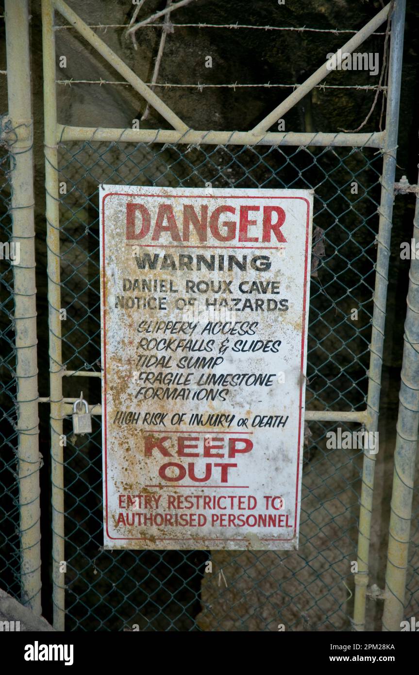 Warning sign on gate, Daniel Roux Cave, Christmas Island, Australia ...