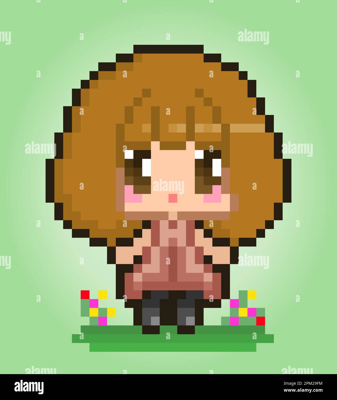 8 bit of pixel women's character. Anime cartoon girl in vector ...