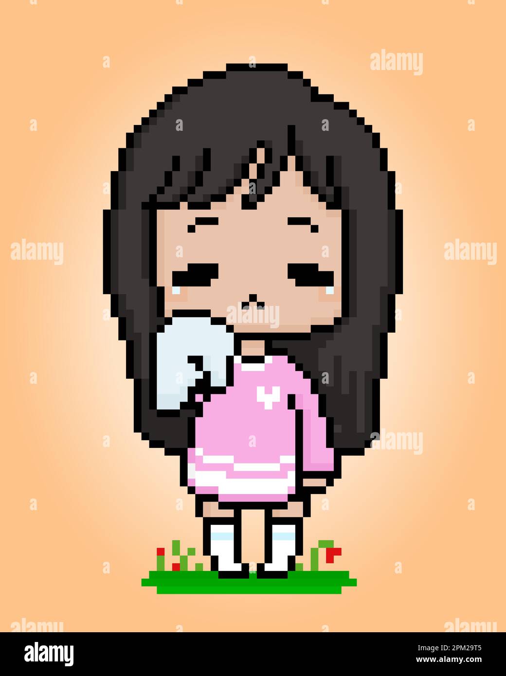 8 bit of pixel women's character. Women's anime crying in vector ...