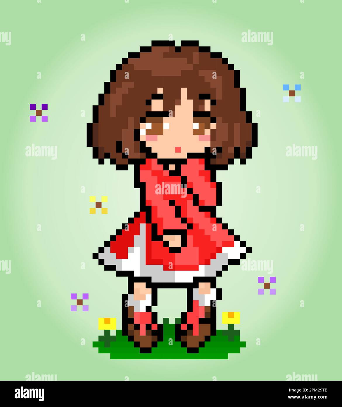 8 bit pixel girl with butterfly and flowers. Woman pixels for game assets and cross stitch ...