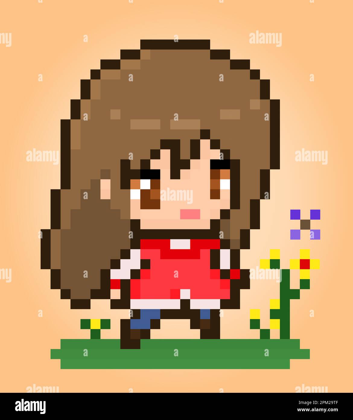 8 bit pixel girl saw flowers, princess pixels for game assets and cross stitch patterns in ...