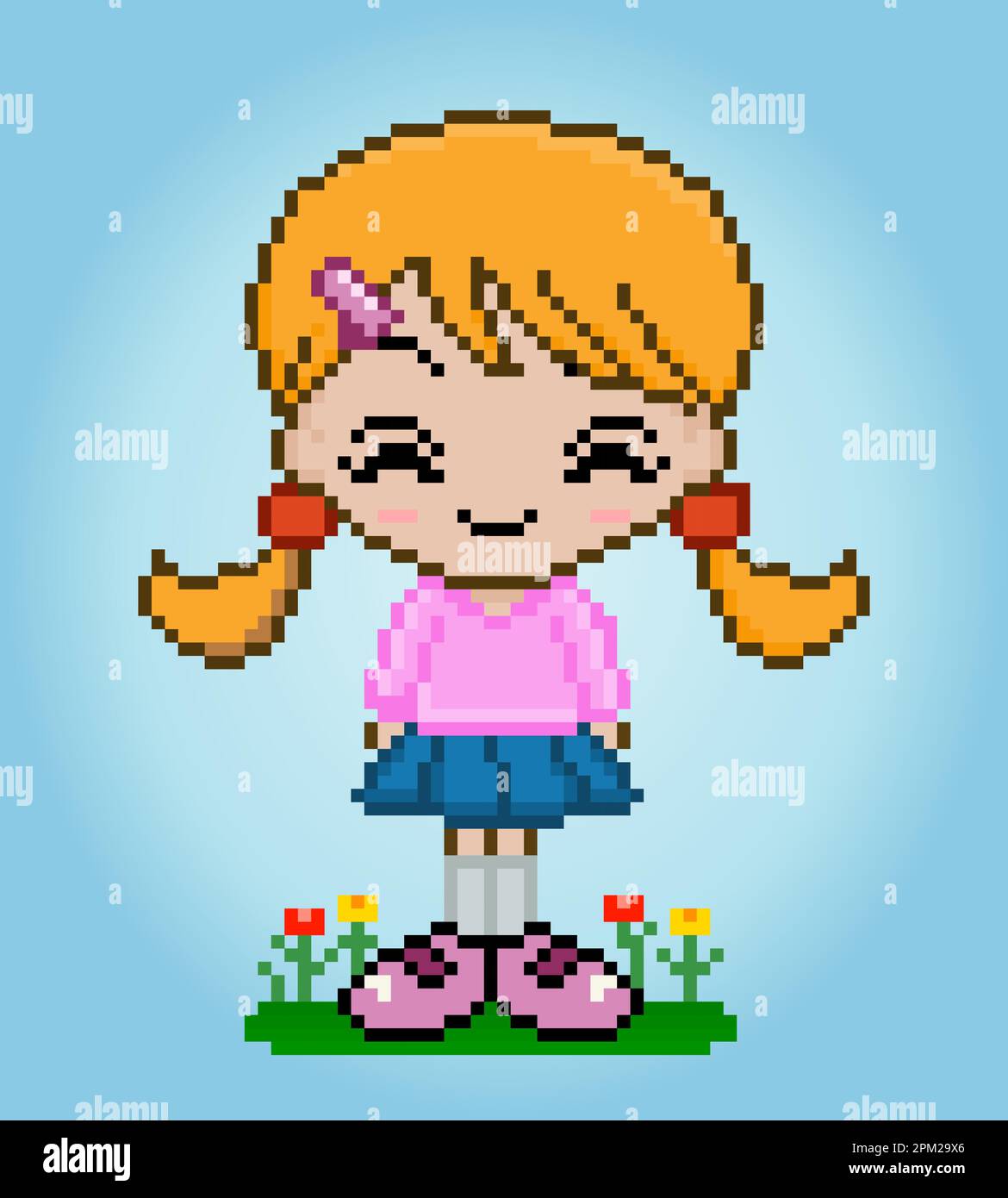 8 bit of pixel women's character. Anime cartoon girl in vector ...