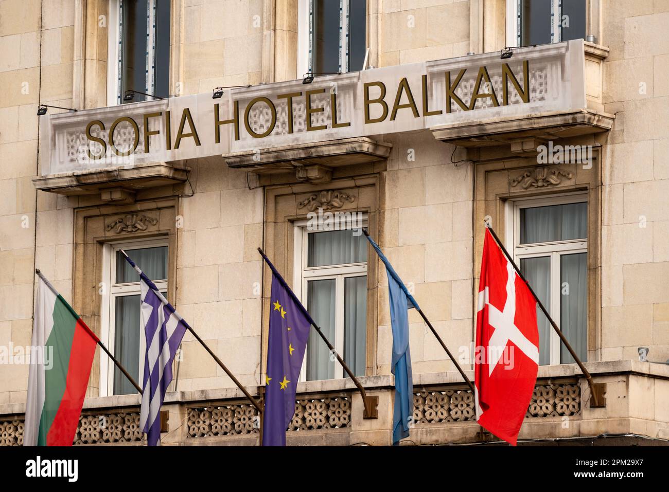 Sofia Hotel Balkan exterior and international flags, Sofia, Bulgaria, Eastern Europe, Balkans ...