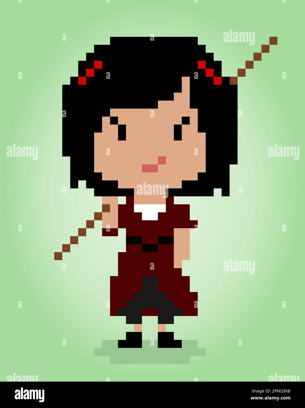 8 bit pixel of the cute girl carrying a stick. Cartoon women in vector ...