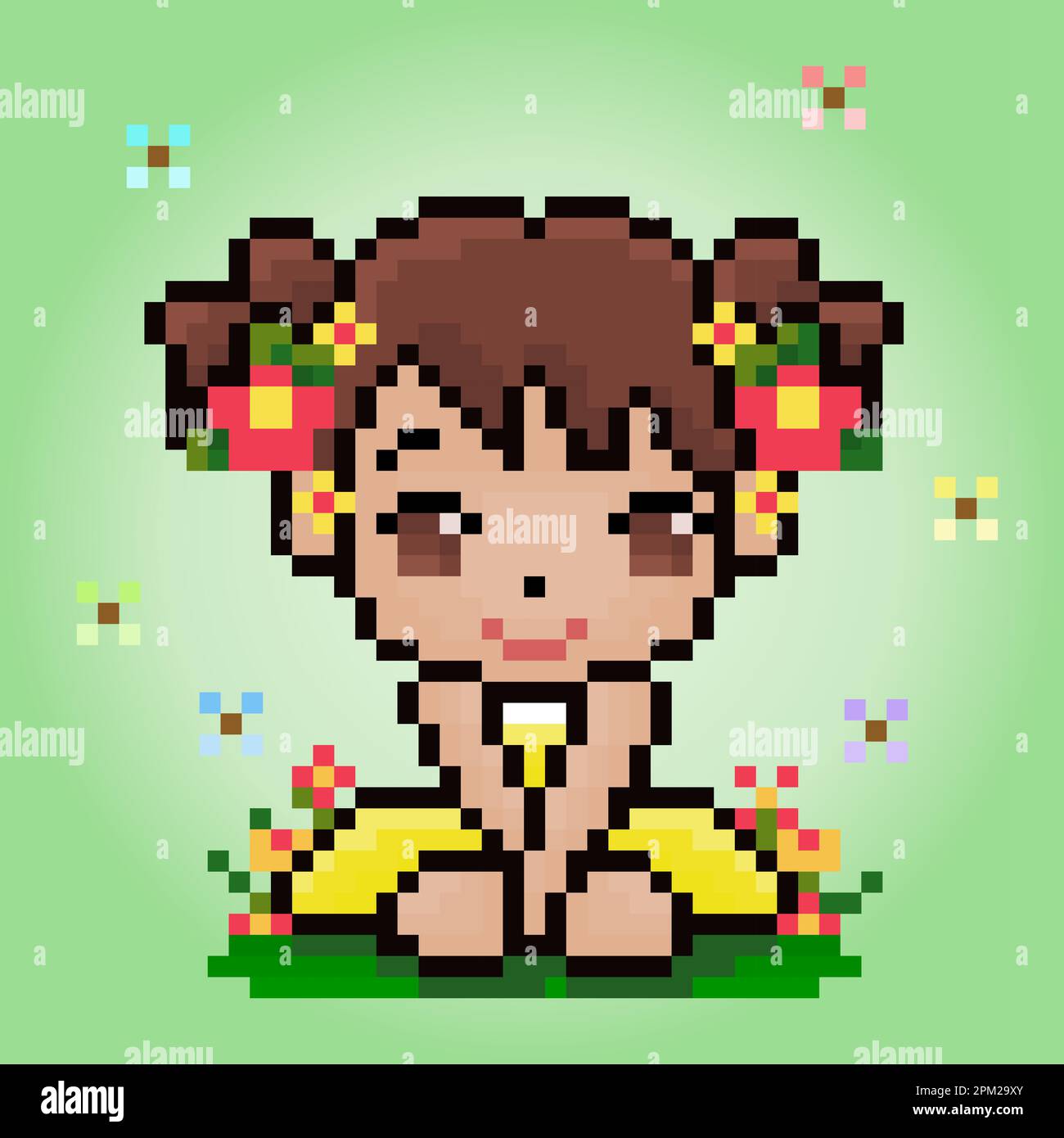 8 bit of pixel women's character in the park. Anime cartoon girl in ...