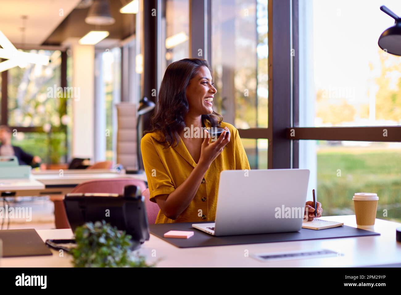 Mature Businesswoman Working On Laptop At Desk In Office Talking Into ...