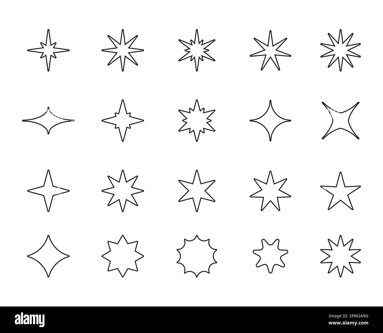 Stars line icons. Outline flying shining sparkles, different types of fantasy sky and galaxy ...