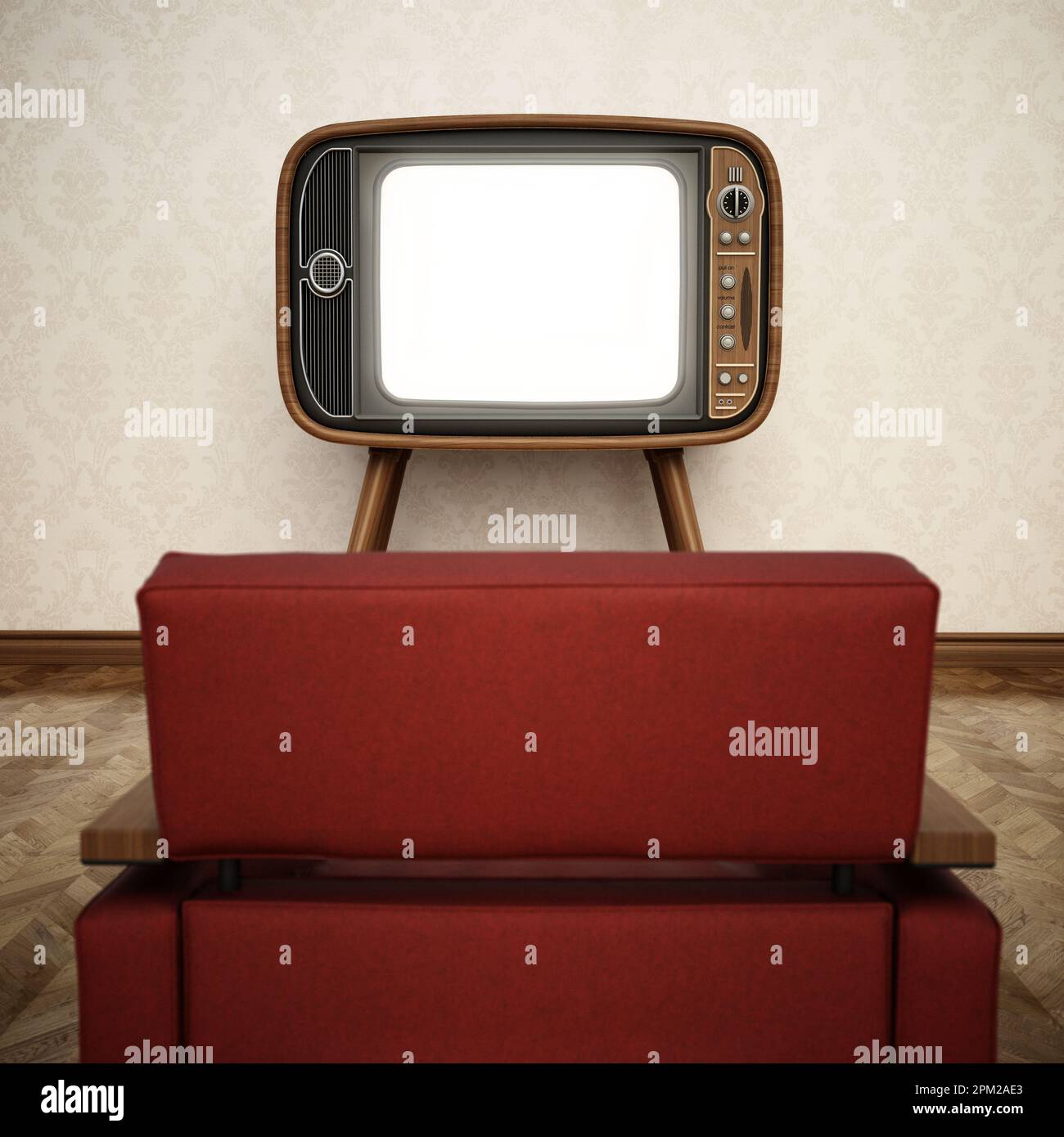 Retro analogue tv with blank screen and retro red armchair. 3D ...